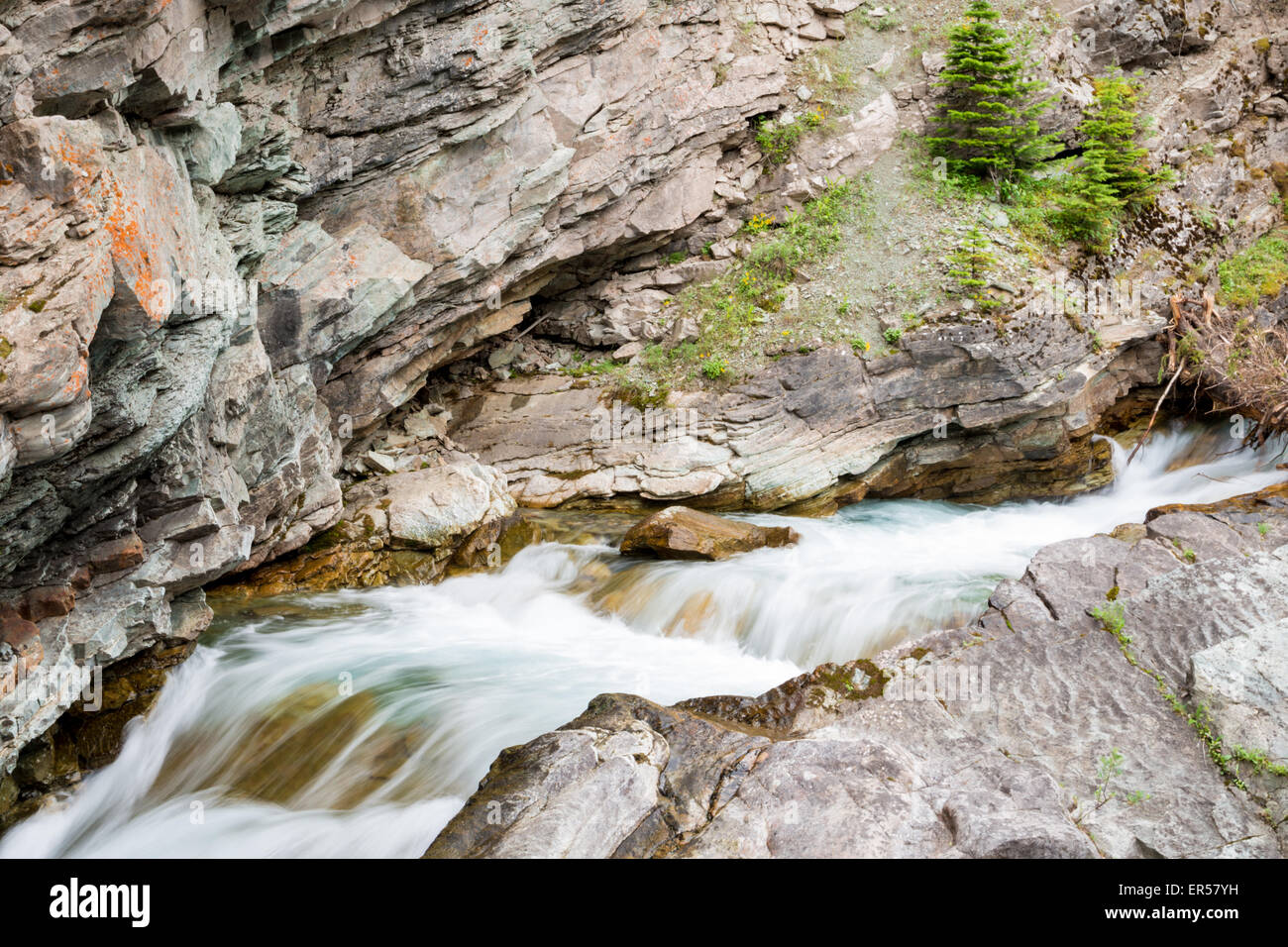 A stream cascading along a rock cliff-face in Waterton National Park ...