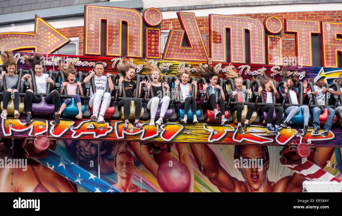 Pinner, London, UK. 27 May 2015. Children enjoy the Miami Trip ride ...
