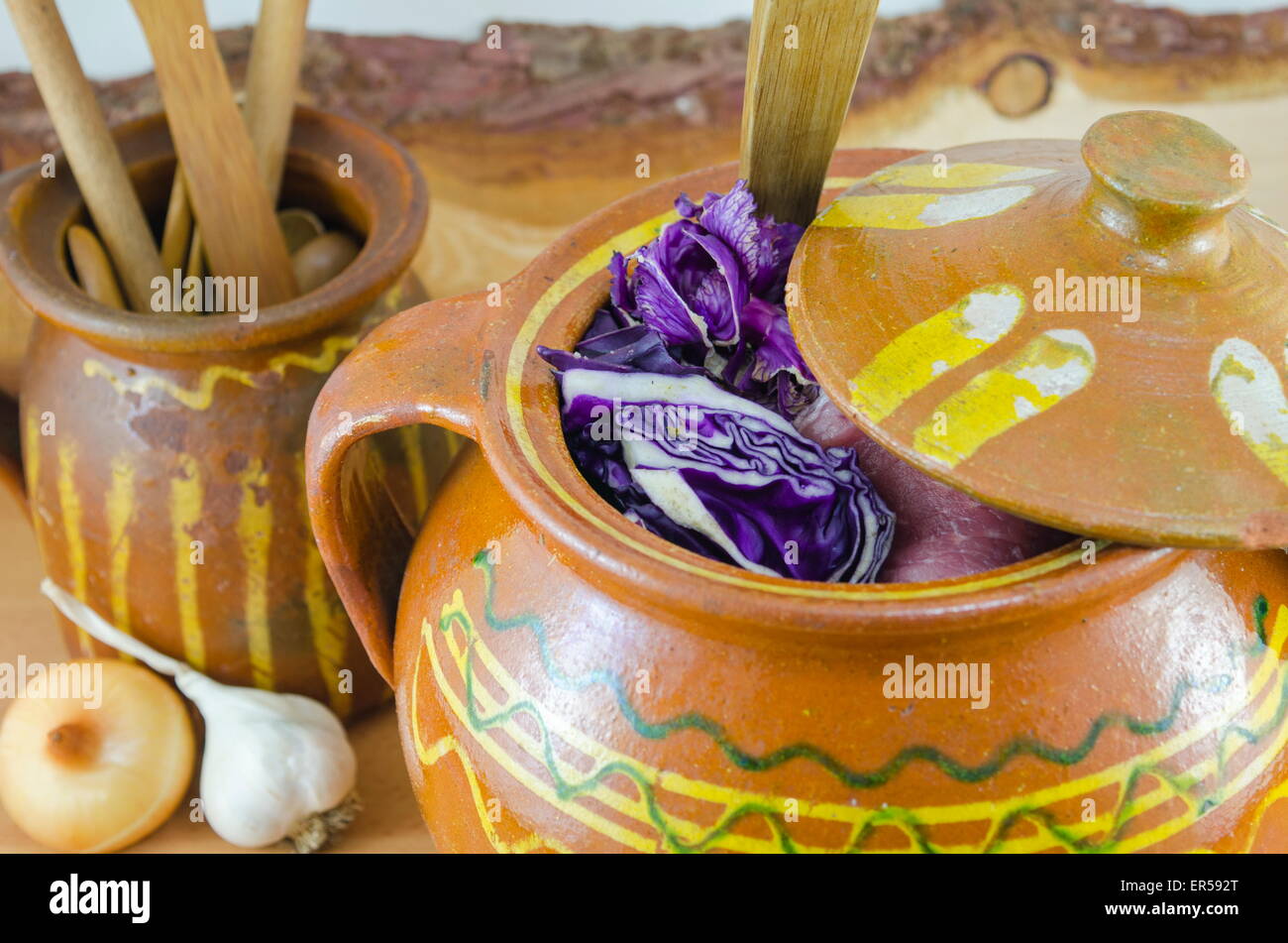 Vintage clay pottery in a still life arrangement Stock Photo - Alamy