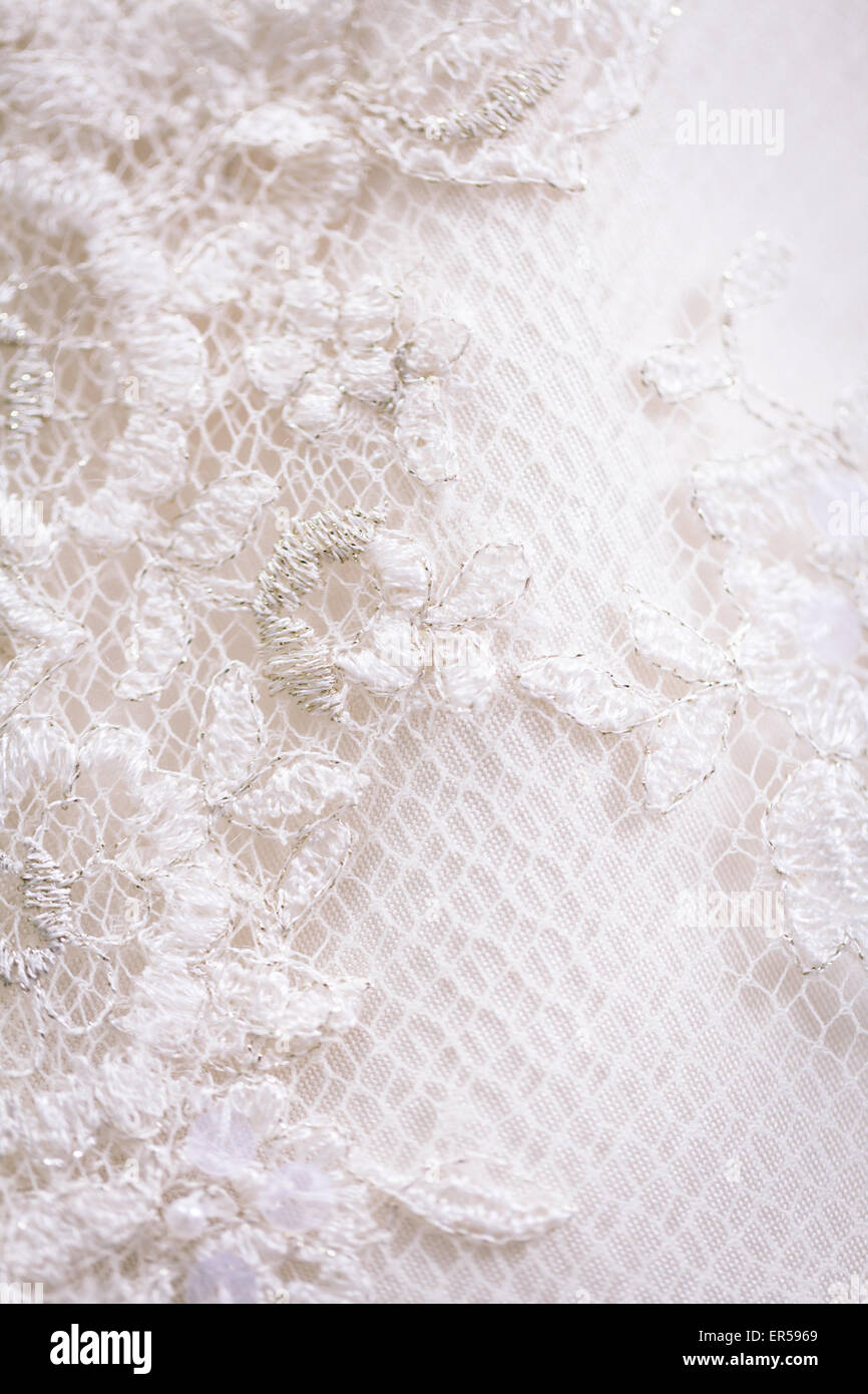 close up of detail on a lace wedding dress back lit Stock Photo - Alamy
