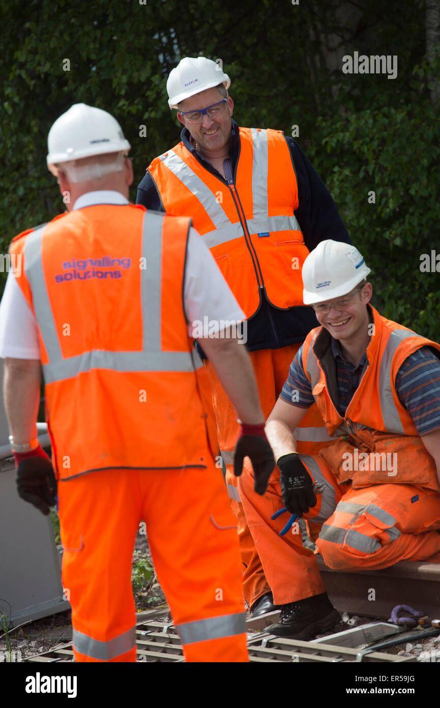 Railway workers from Signalling Solutions and Alstom working trackside ...