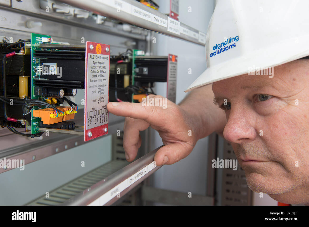 Railway workers from Signalling Solutions and Alstom working trackside ...