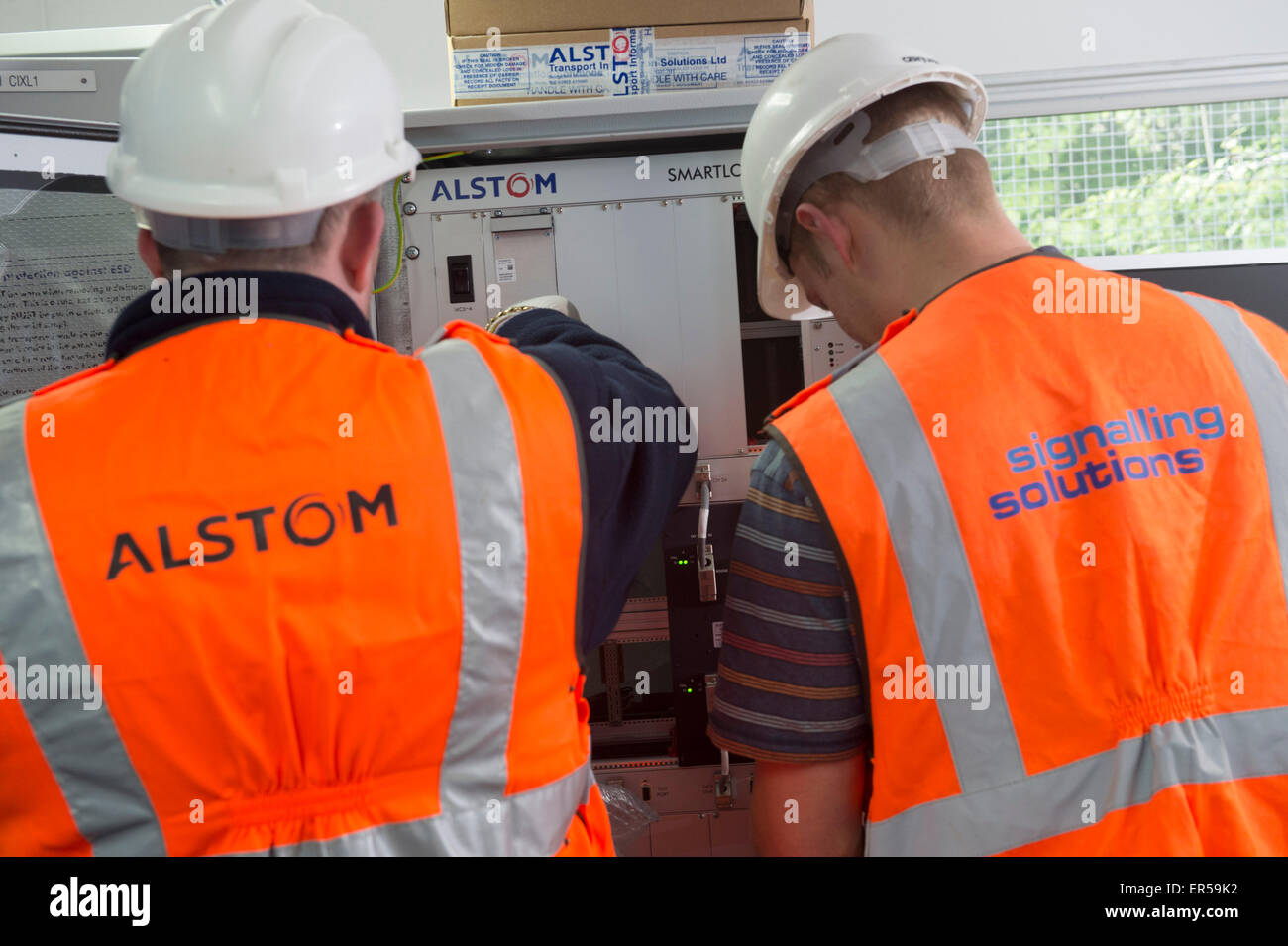 Railway workers from Signalling Solutions and Alstom working trackside ...