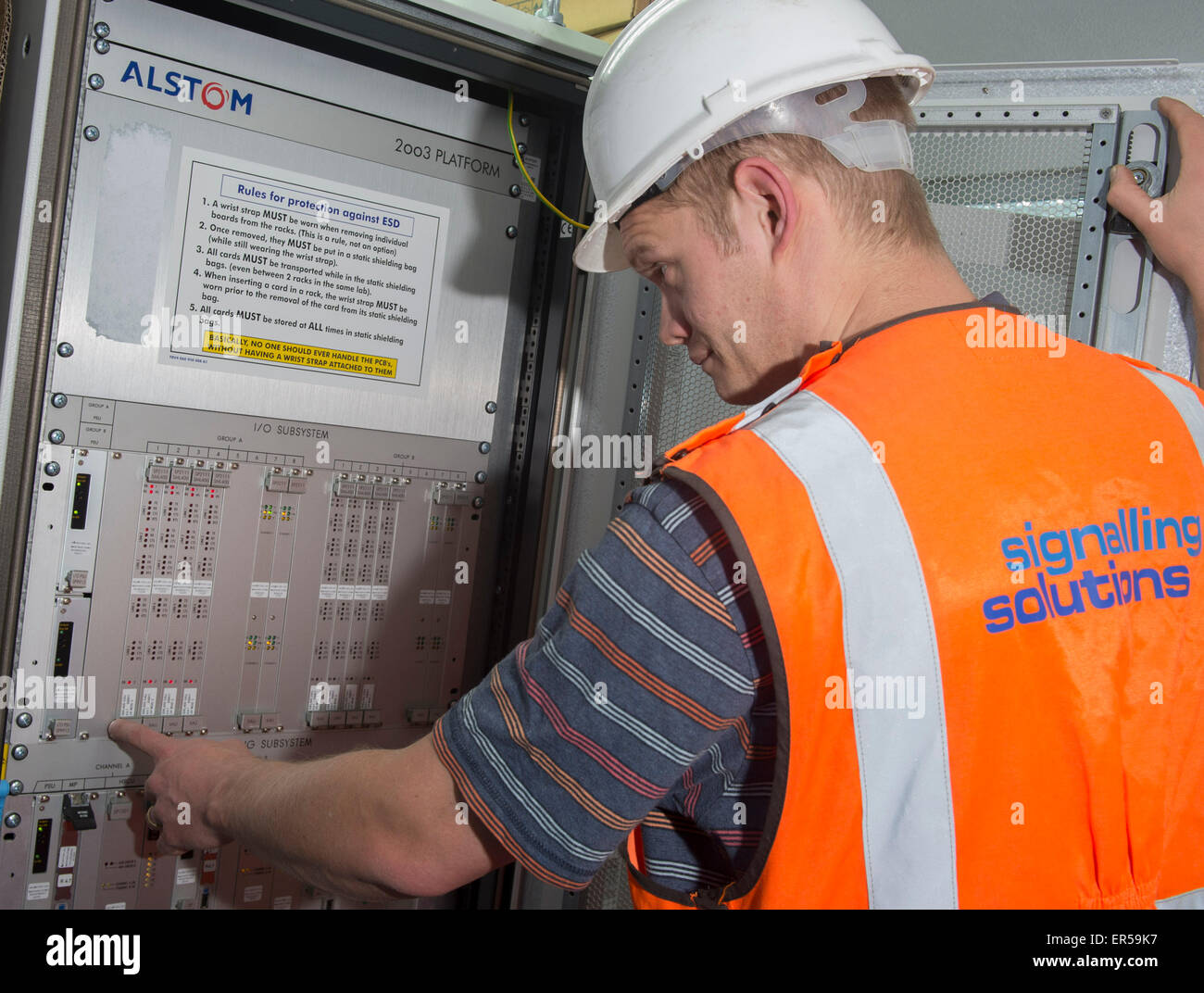Railway workers from Signalling Solutions and Alstom working trackside ...