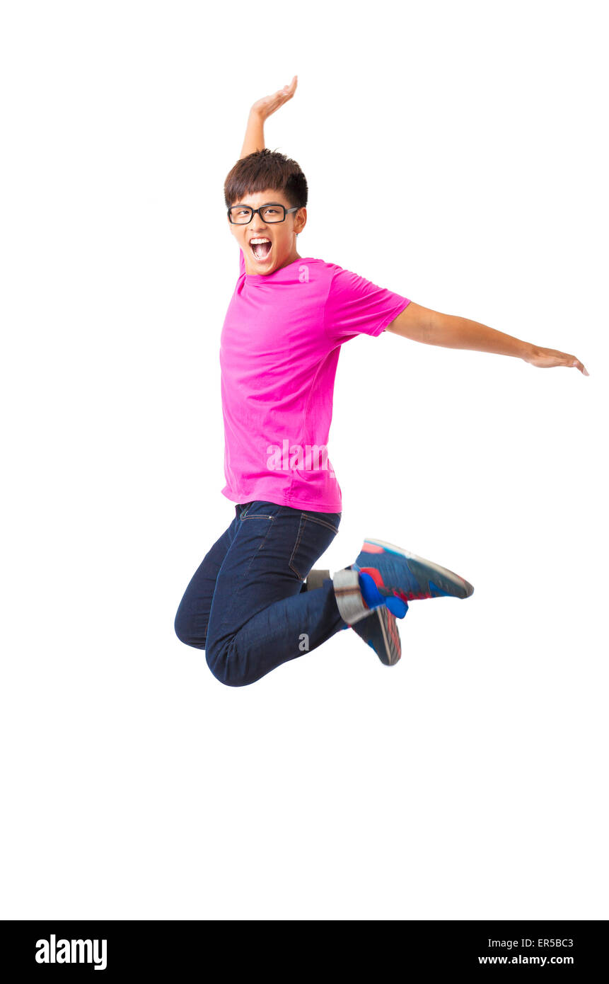 young happy man jumping and isolated on white Stock Photo - Alamy