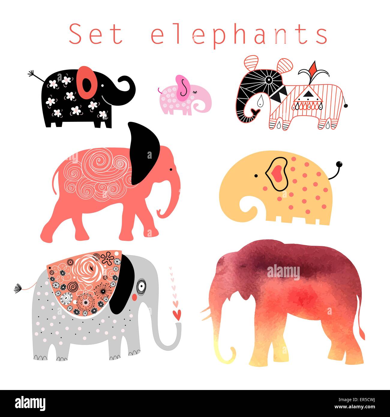 Graphic interesting set different elephants on a white background Stock ...