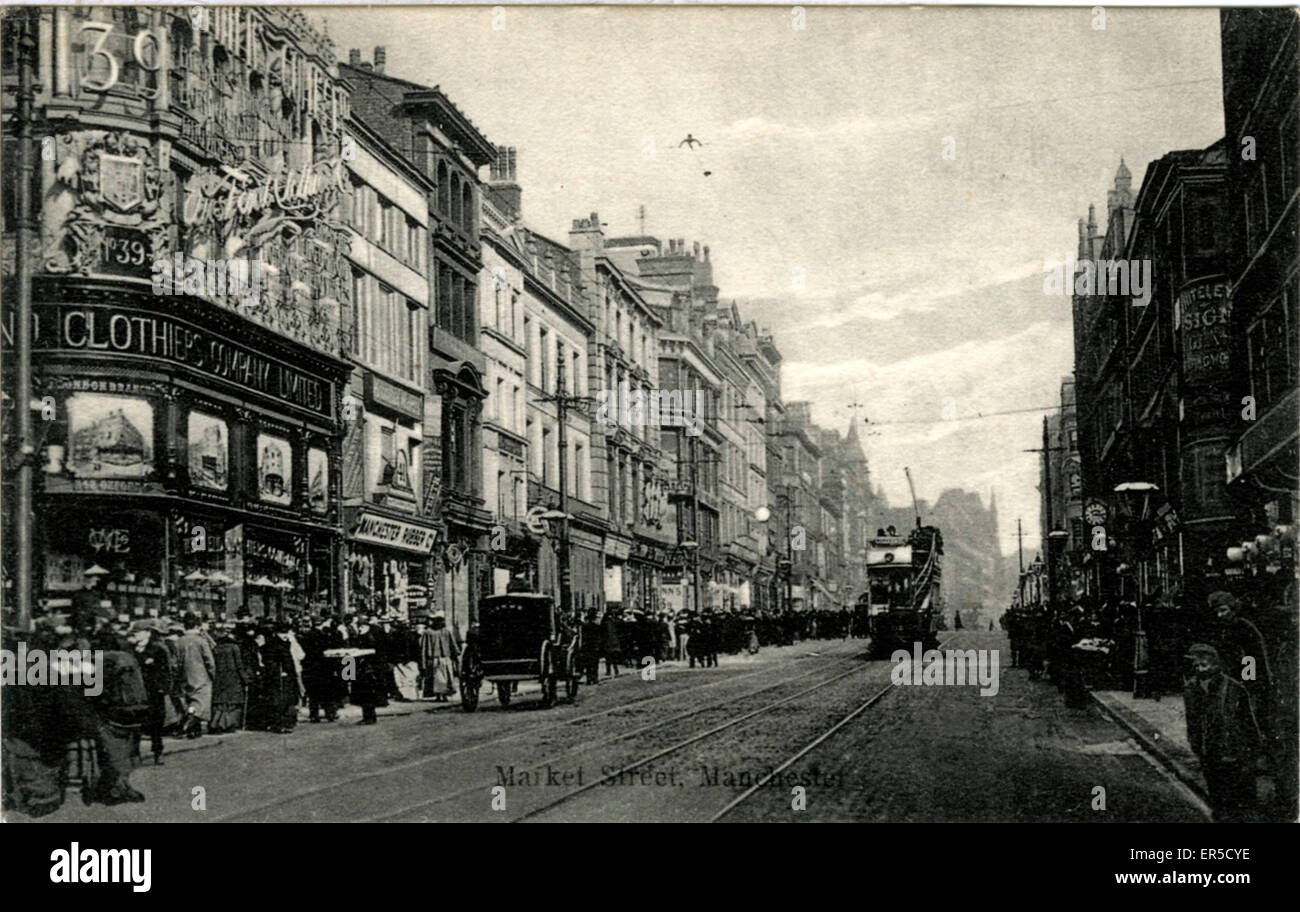 Market Street, Manchester, Lancashire, England. Showing Tram 1900s ...