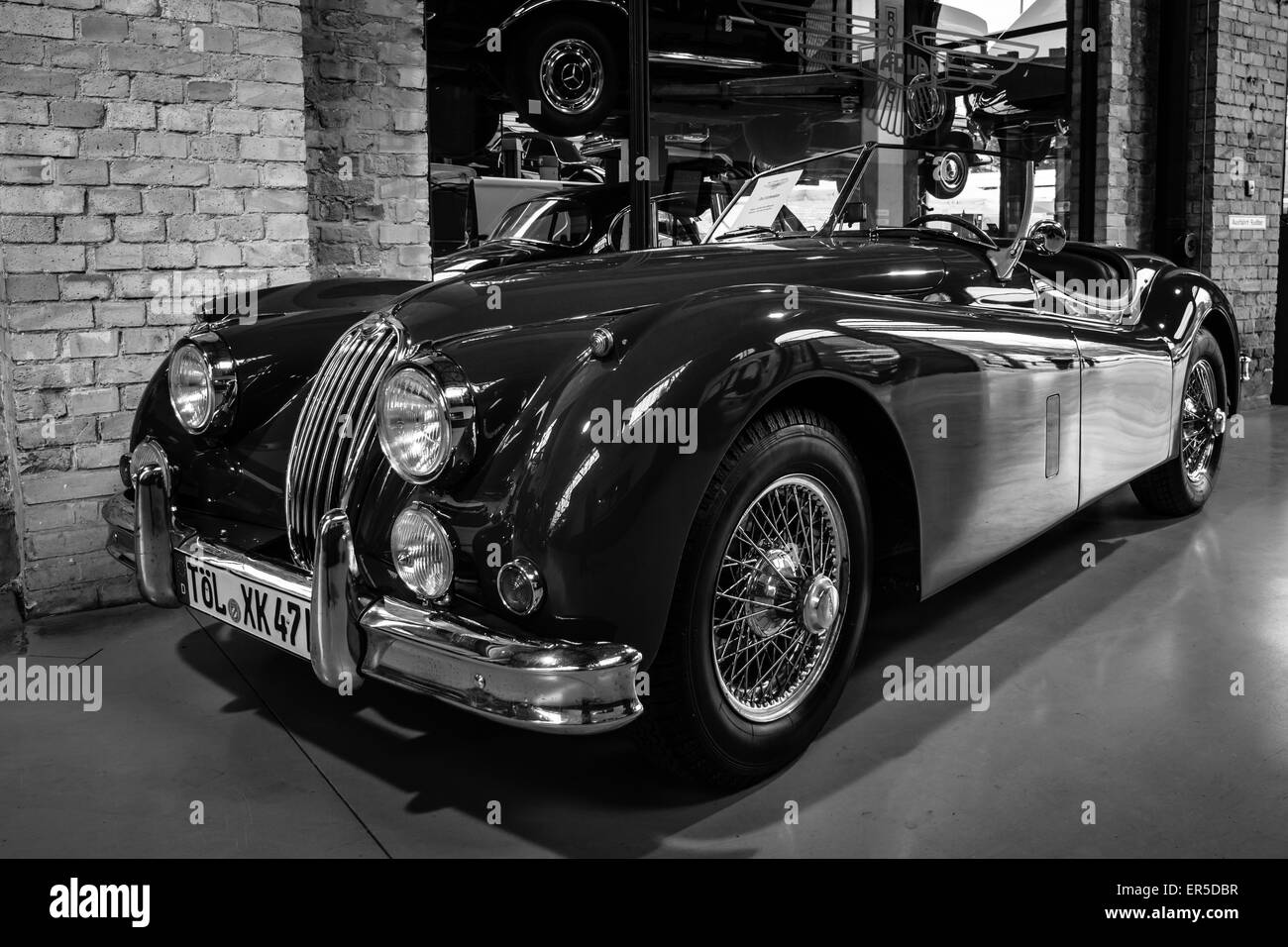 BERLIN - MAY 10, 2015: The roadster Jaguar XK140. Black and white. 28th ...