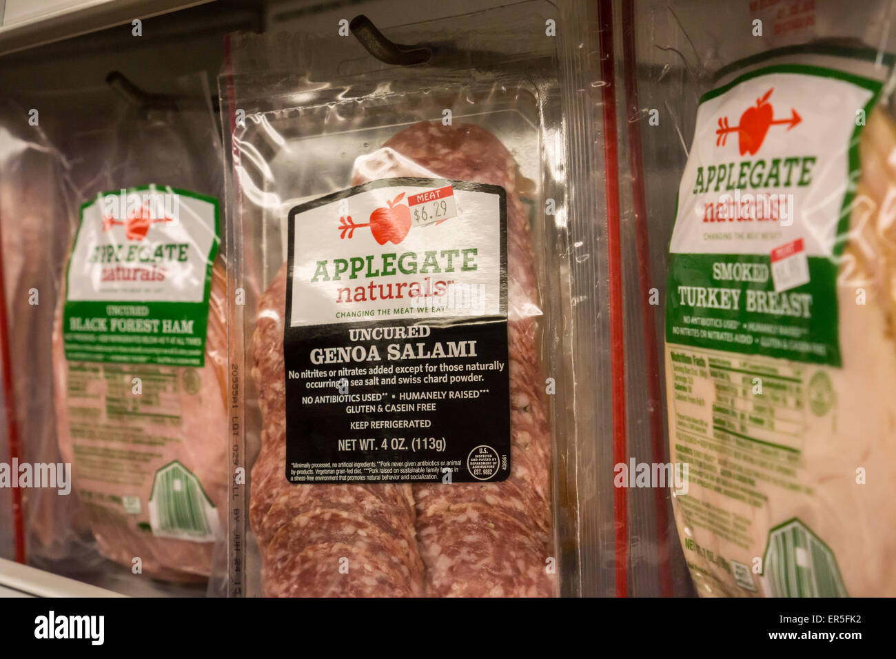 A display of Applegate Farms organic processed meat in a supermarket ...