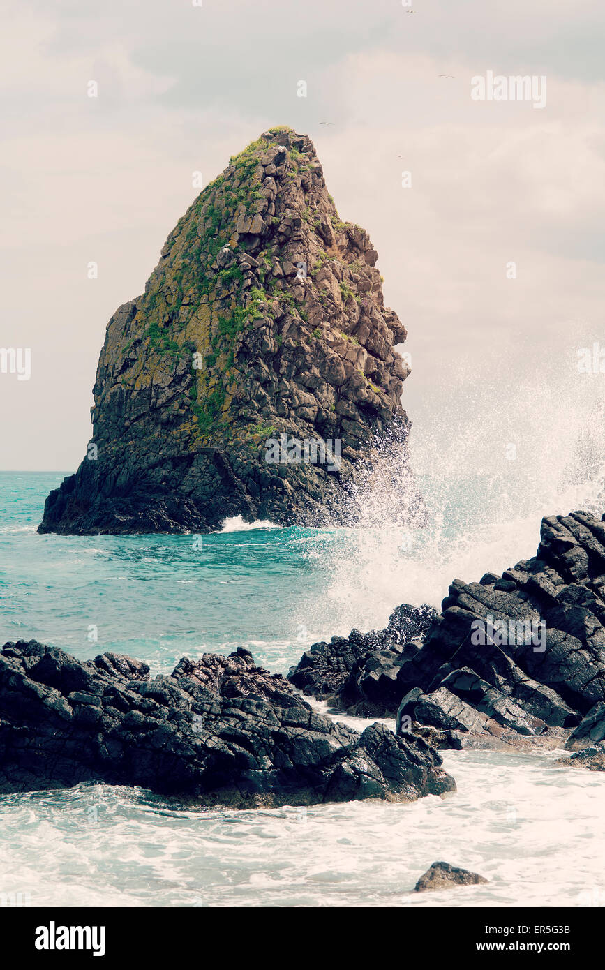 landscape of a Stack Rock of a cliff near Catania in Sicily into the ...