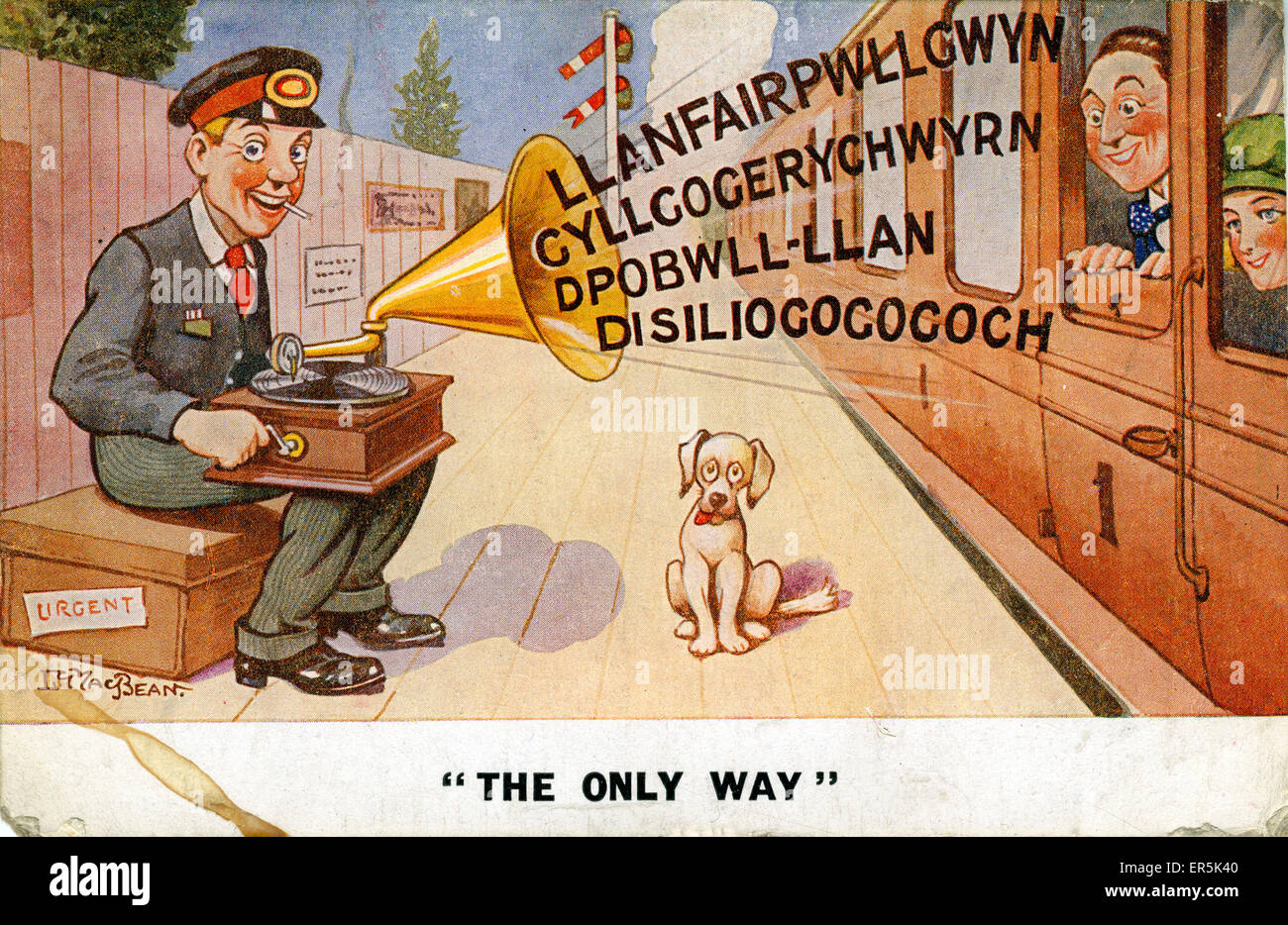 Gramophone Comic Card, Llanfair, Wales Stock Photo - Alamy