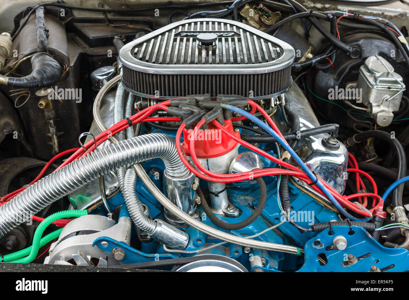 BERLIN - MAY 10, 2015: Engine of a Ford Thunderbird close-up, 1977. The ...