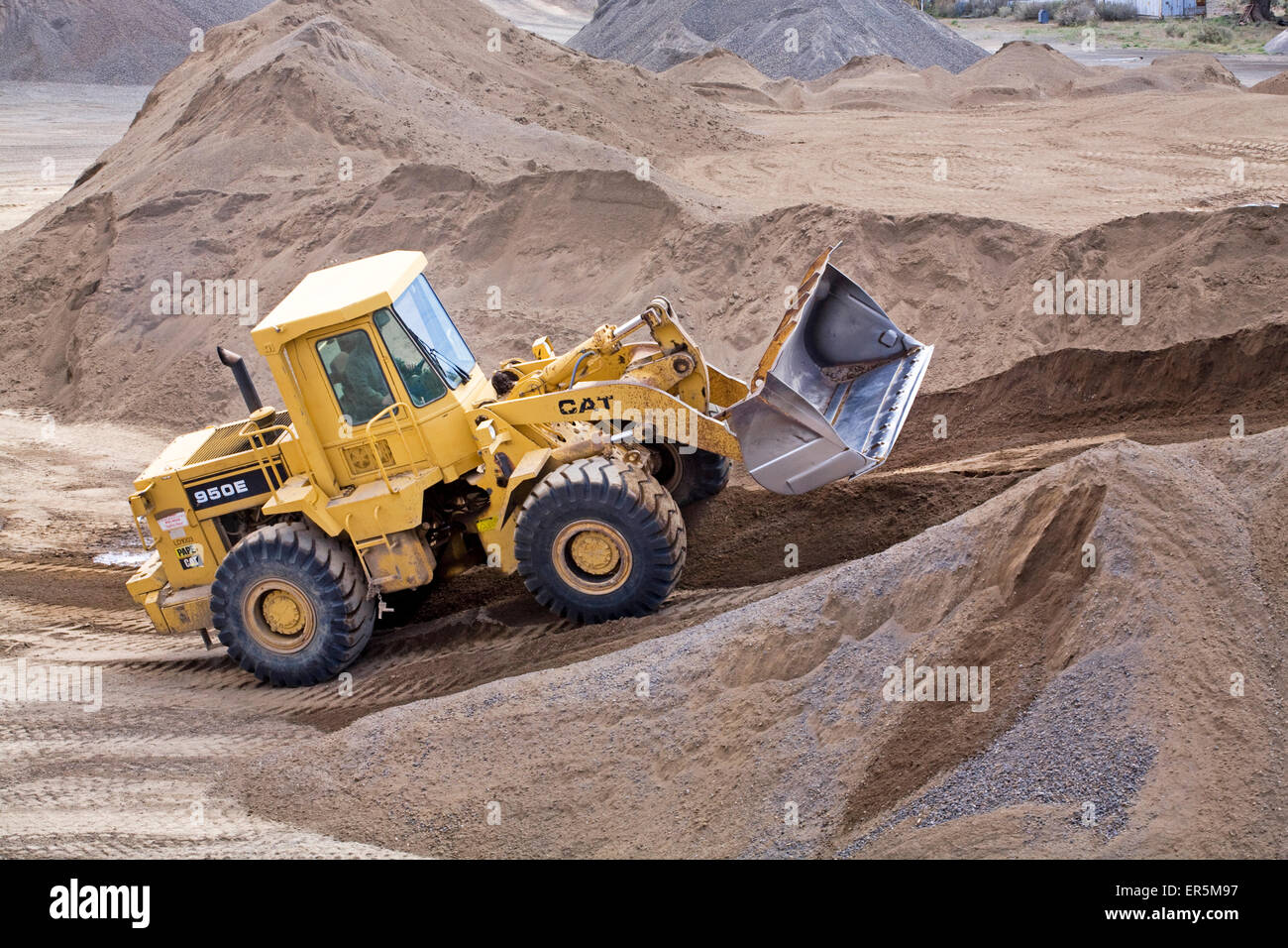 A caterpillar "cat" 950E earth mover plows into a pile of dirt at a ...