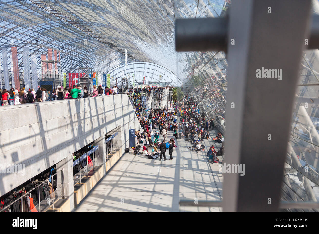 Visitors inside the New Trade Fair building, Leipzig, Saxony, Germany ...