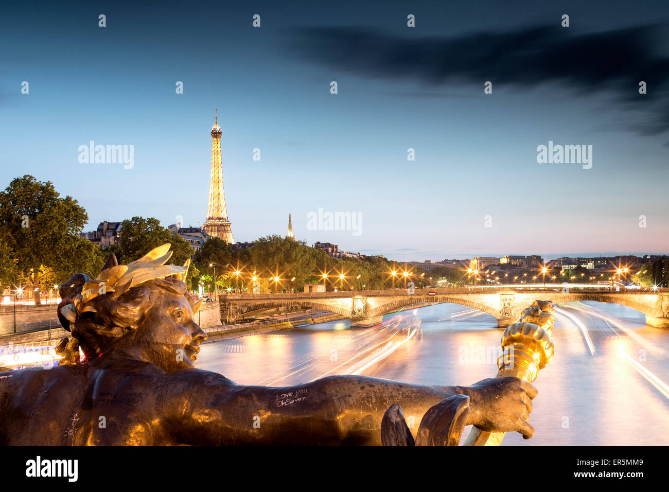 View from Pont Alexandre III over the River Seine, Eiffel Tower in the ...