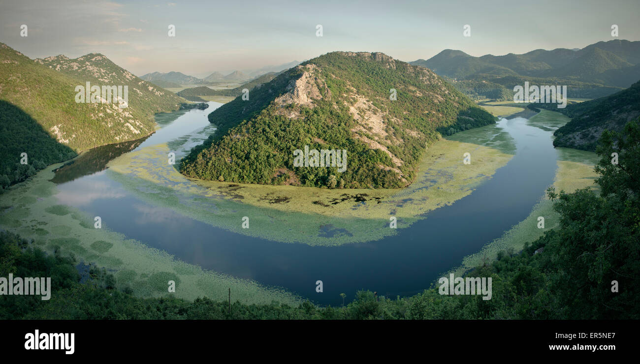 View of the river bend of the Rijeka Crnojevica river, Lake Skadar National Park, Montenegro ...