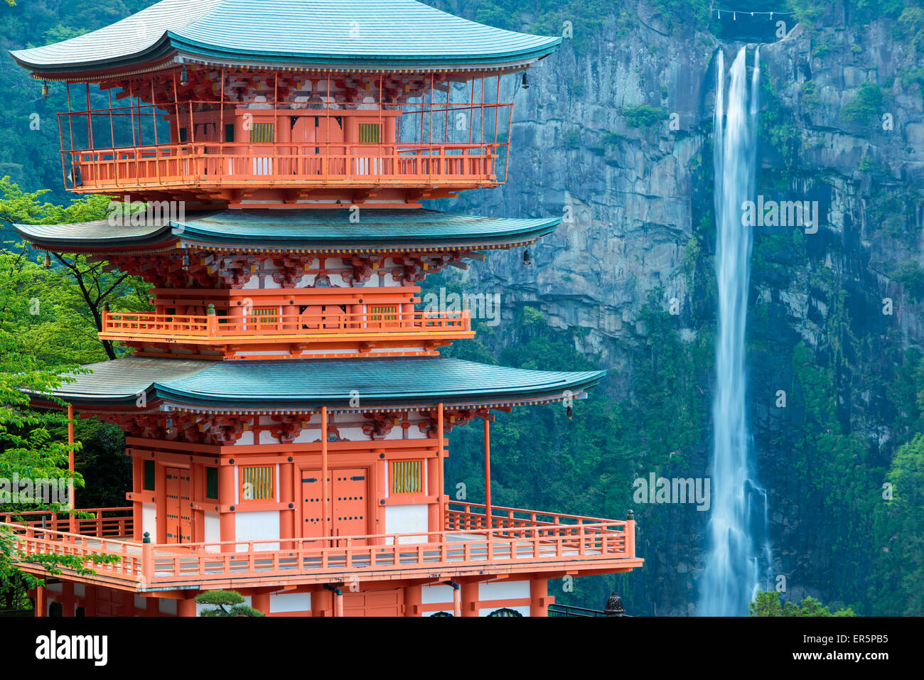 The pagoda at Kumano Nachi Shrine with Nachi Falls in the background ...
