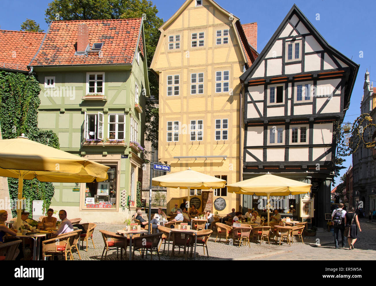 Half-timbered houses and cafe at Hoken, Quedlinburg, Harz, Saxony ...