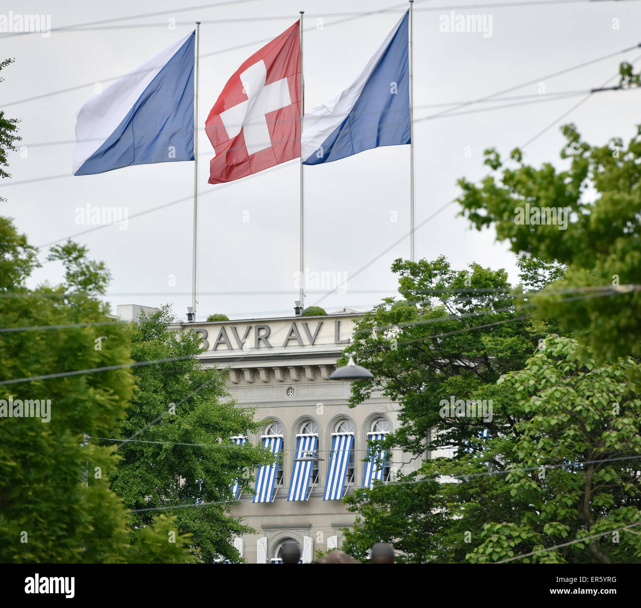 Zurich, Switzerland. 27th May, 2015. The Swiss and Zurich flags are ...