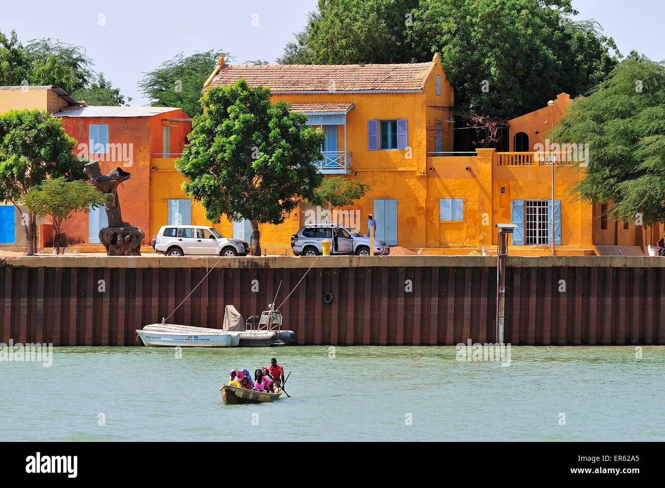 View over the river Senegal to the Senegalese town of Podor, Lekseiba ...