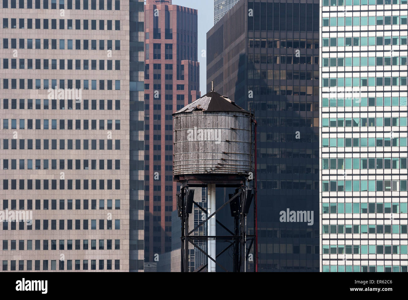 Water tank in front of skyscrapers in Lower Manhattan, New York, USA ...