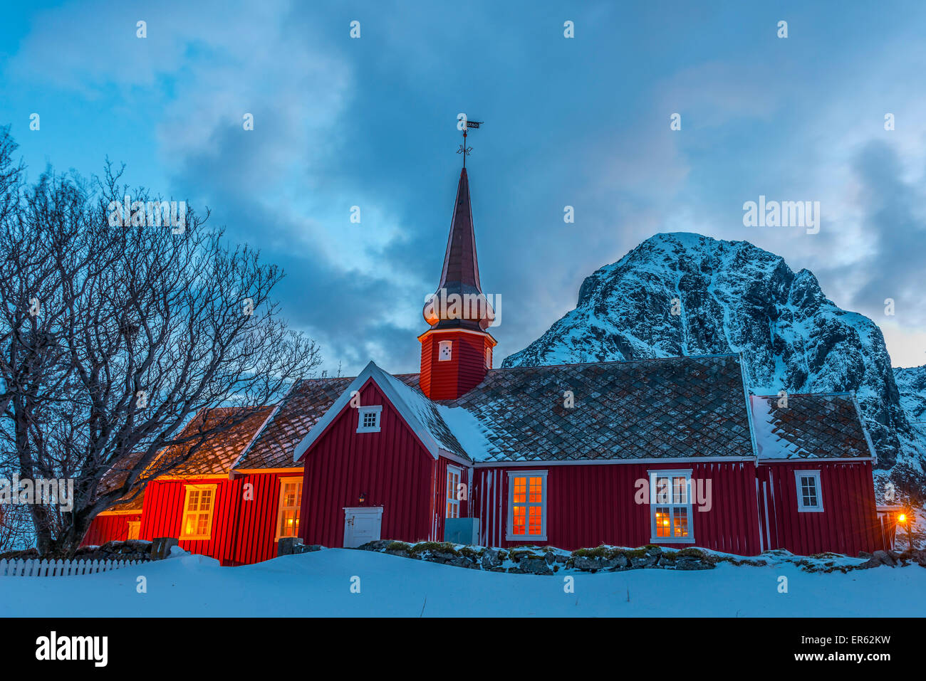 Flakstad church by night, Flakstad, Lofoten Islands, Norway Stock Photo ...