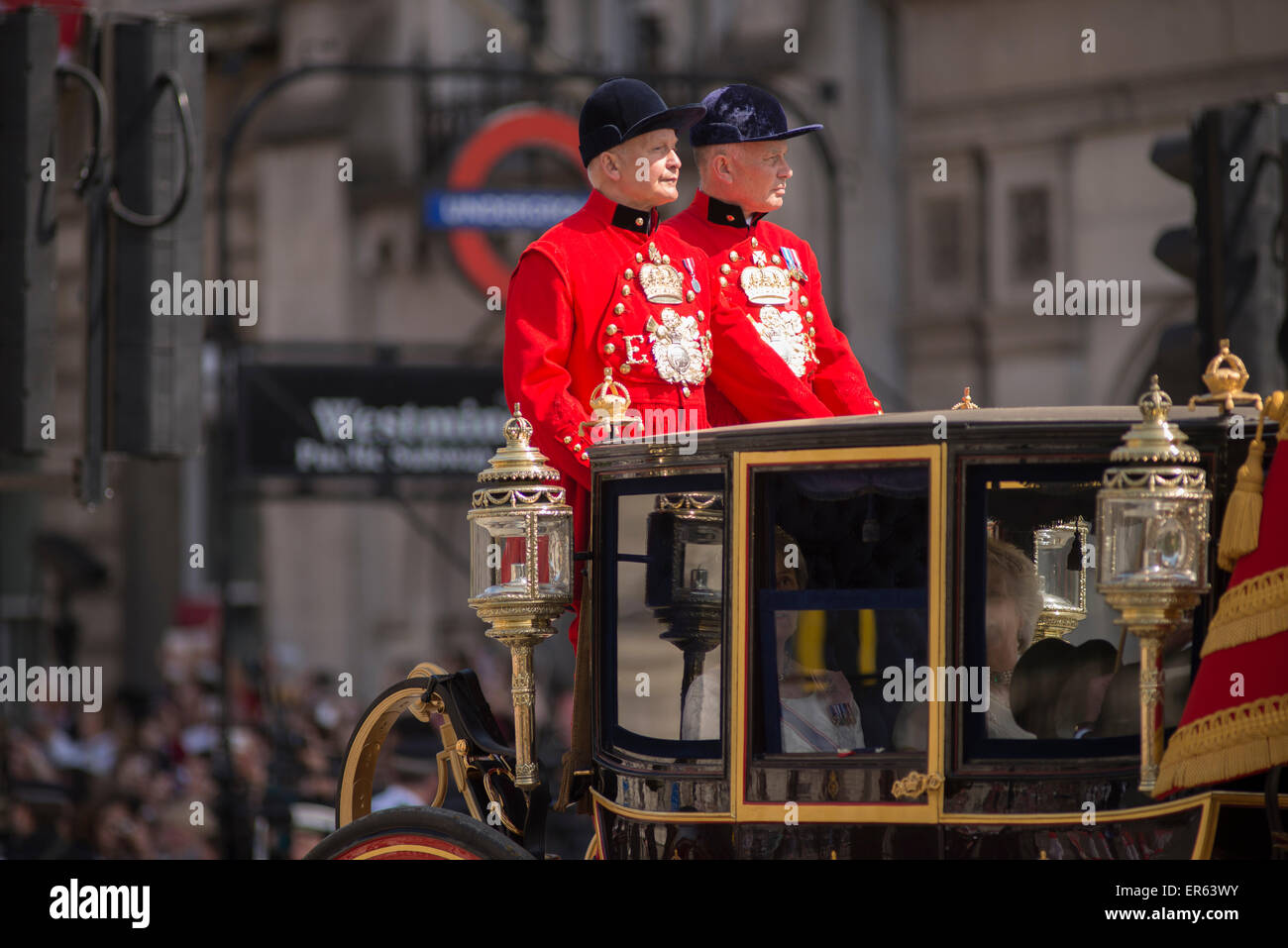 Liveried coachmen pass Westminster Station in the Royal procession ...