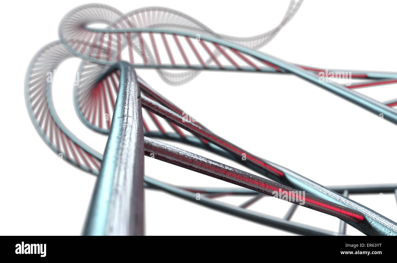 An abstract strand of a thread of interconnected steel cube bars ...