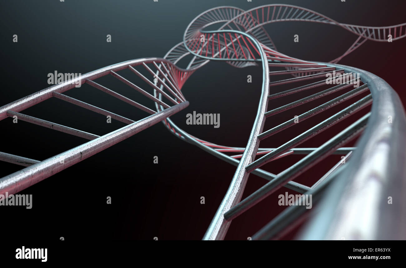 An abstract strand of a thread of interconnected steel cube bars ...