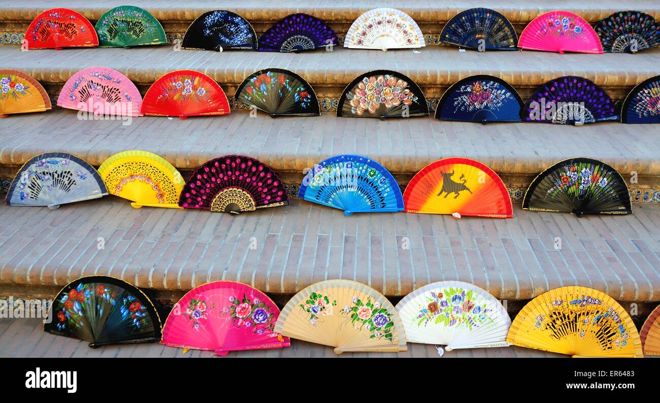 Spanish colorful fans in the exhibition for sale Stock Photo - Alamy