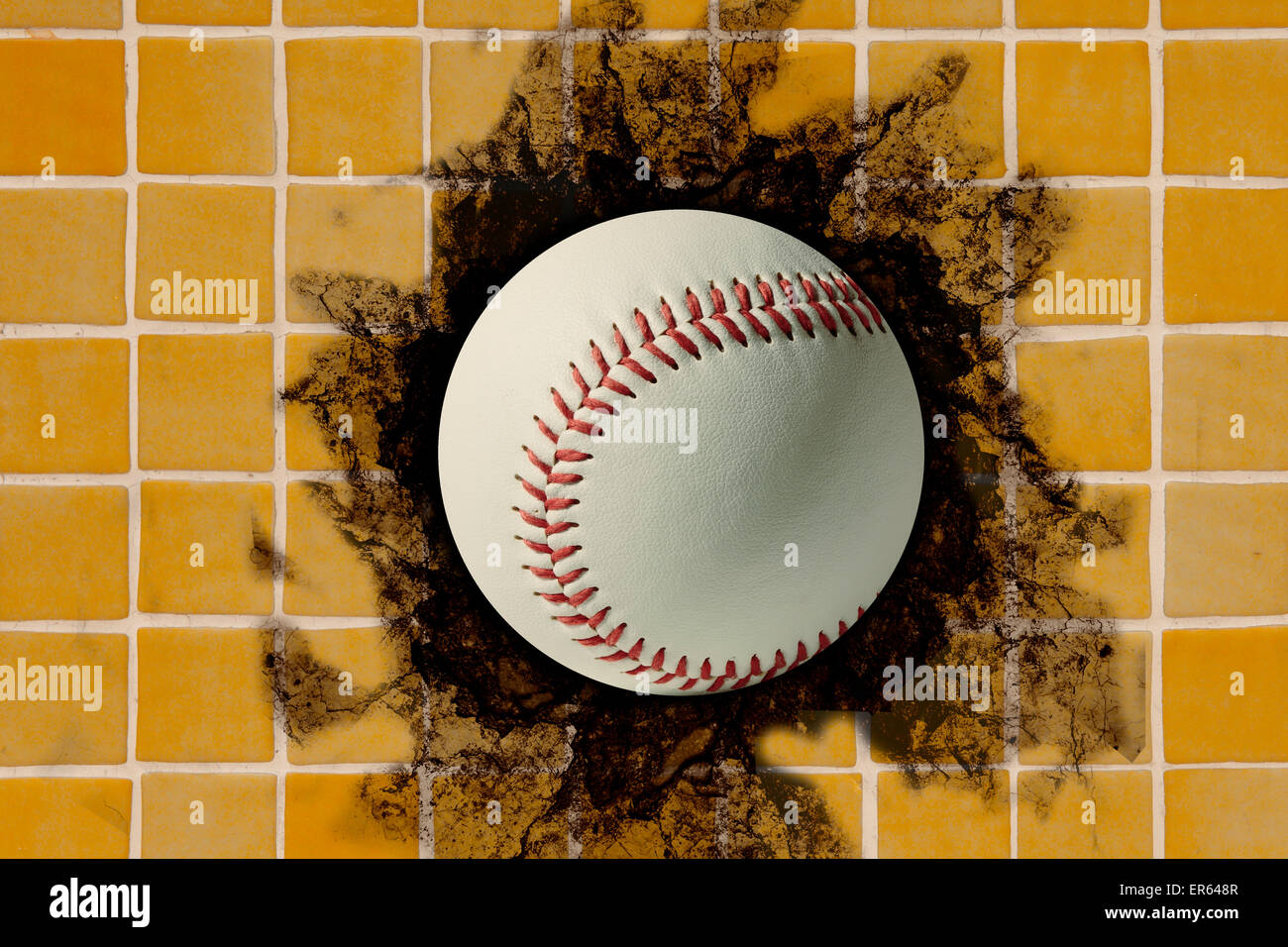 baseball ball embedded in a tiles wall Stock Photo - Alamy