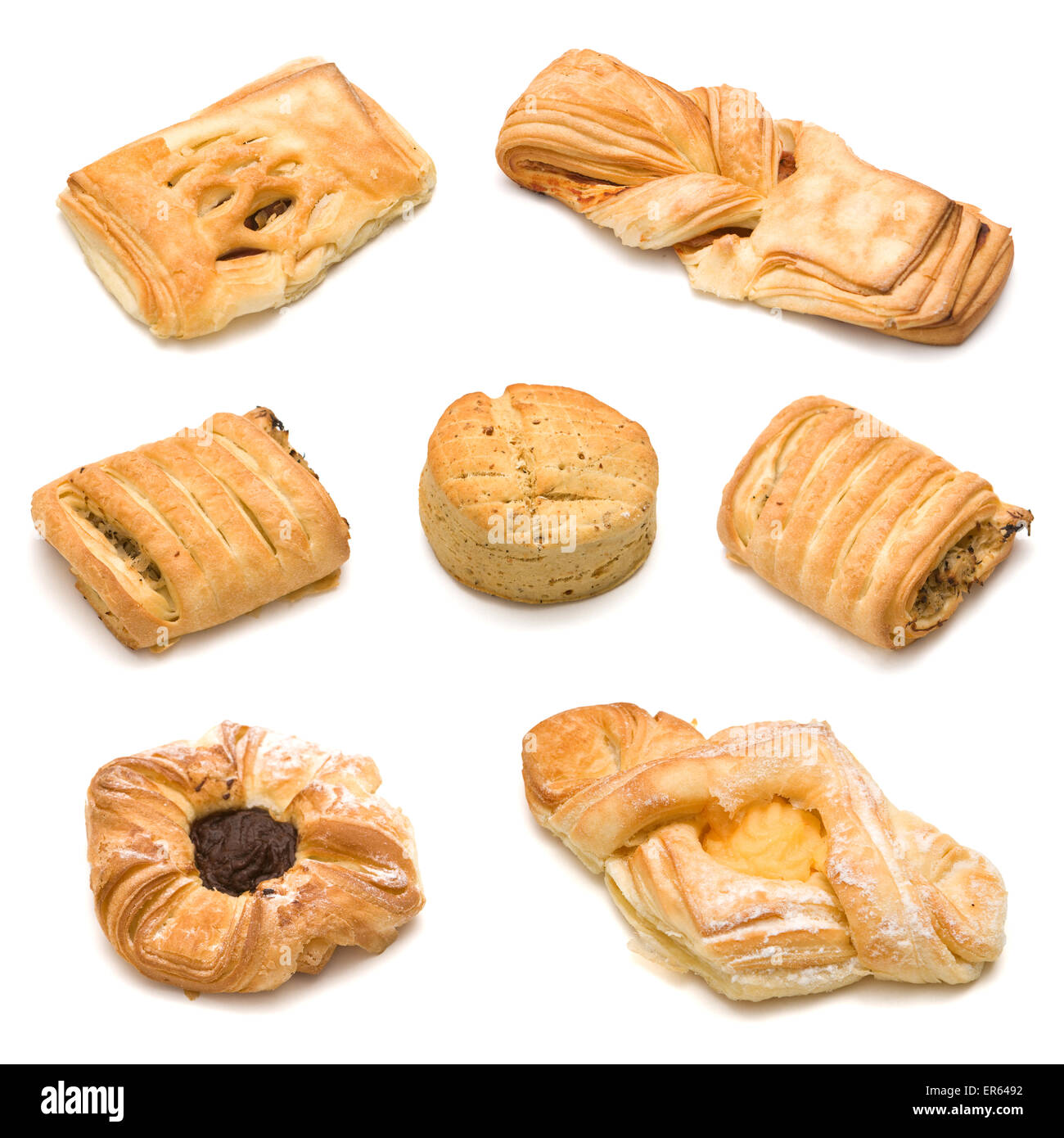 Assorted sweet and salty bakery products on white Stock Photo - Alamy
