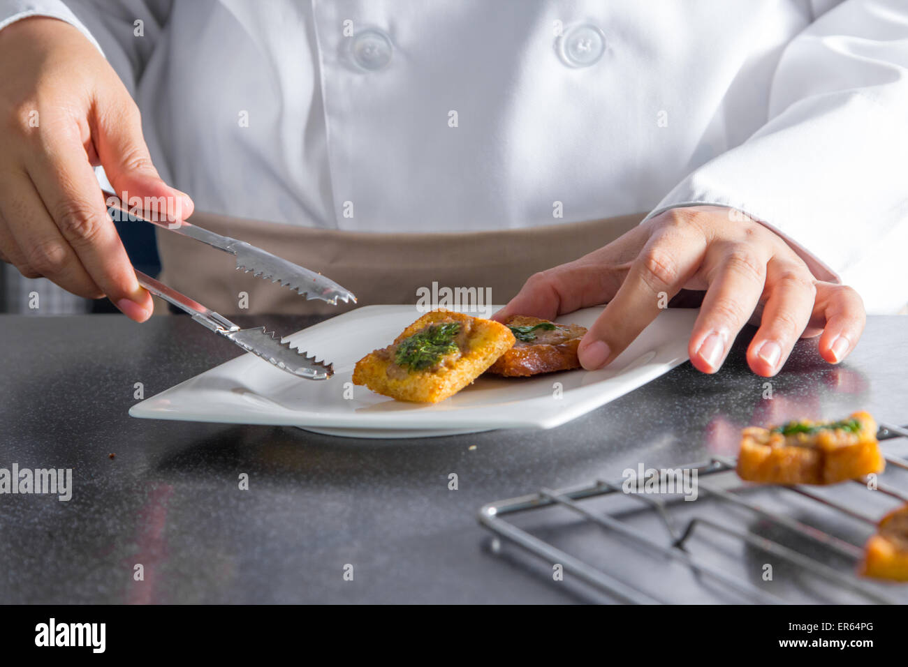 chef making bread with minced pork spread Stock Photo - Alamy