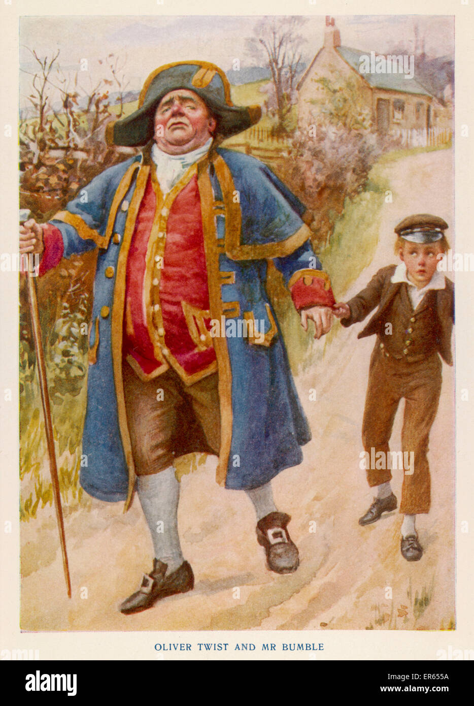 Stern Mr. Bumble holds the hand of apprehensive young Oliver Twist, as ...