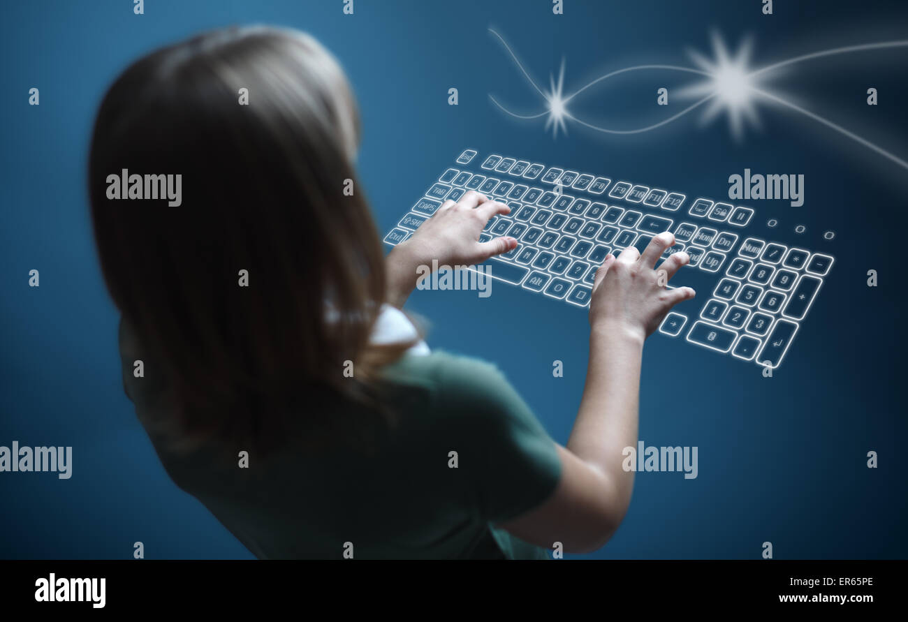 Back view of a teenager girl, typing on virtual keyboard Stock Photo ...
