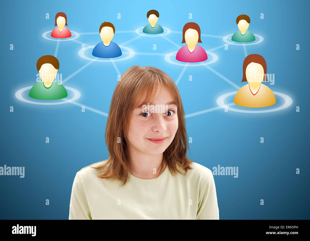 Pretty young teen girl with illustrated social network members around ...
