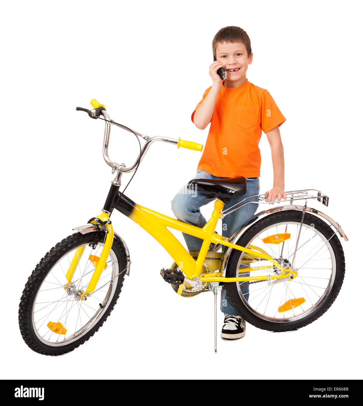 boy on bicycle with phone on white Stock Photo - Alamy