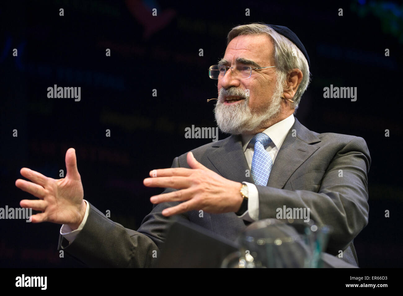 Rabbi Jonathan Sacks speaking on stage at Hay Festival 2015 Stock Photo ...