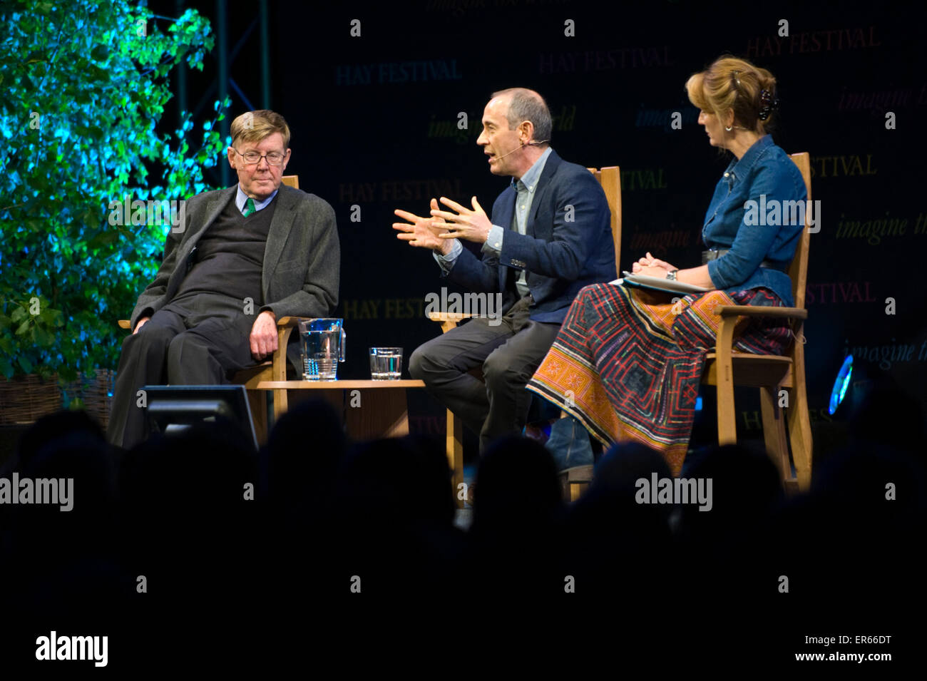 Alan Bennett playwright speaking on stage at Hay Festival 2015 Stock ...