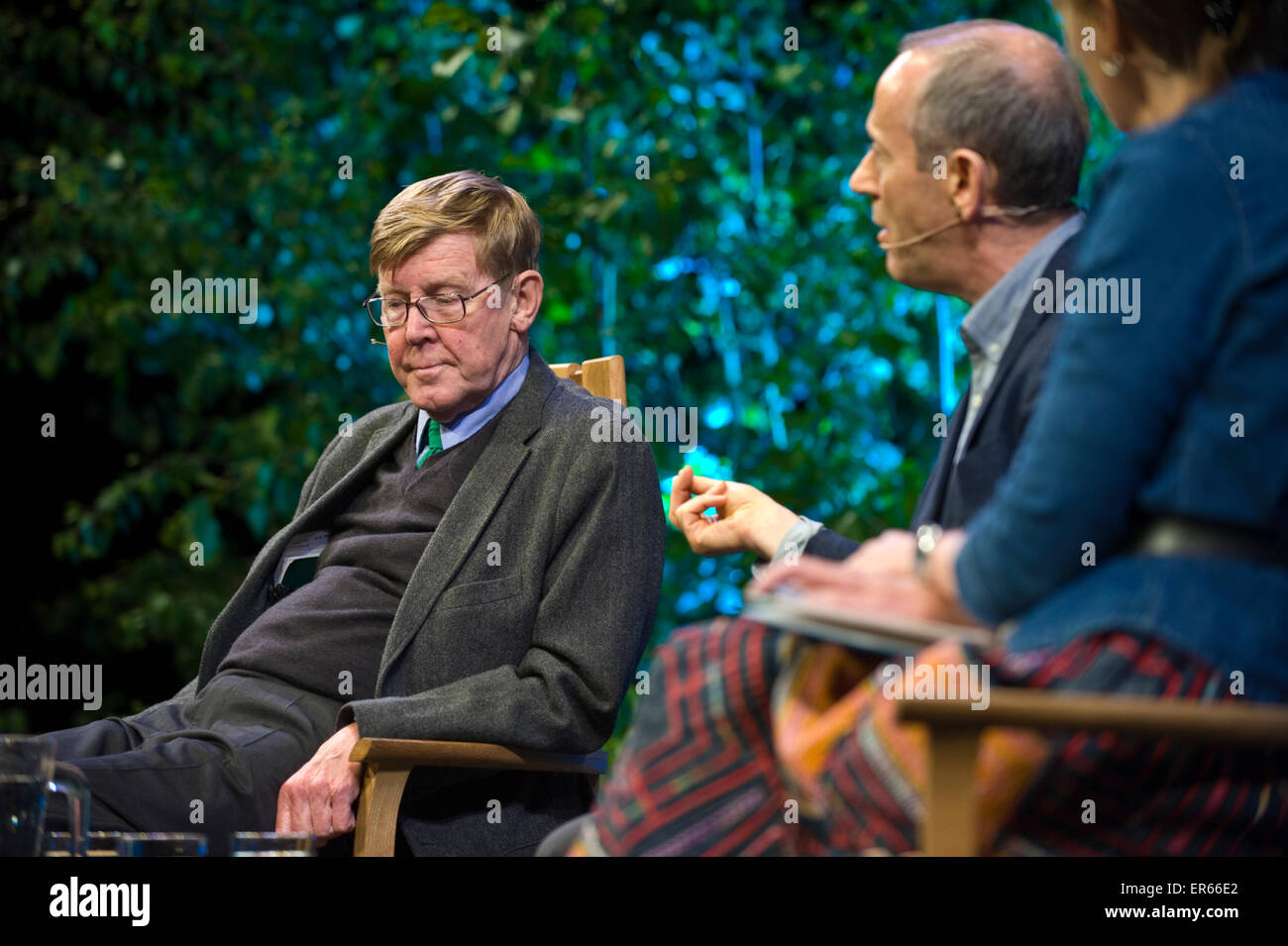 Alan Bennett playwright speaking on stage at Hay Festival 2015 Stock ...