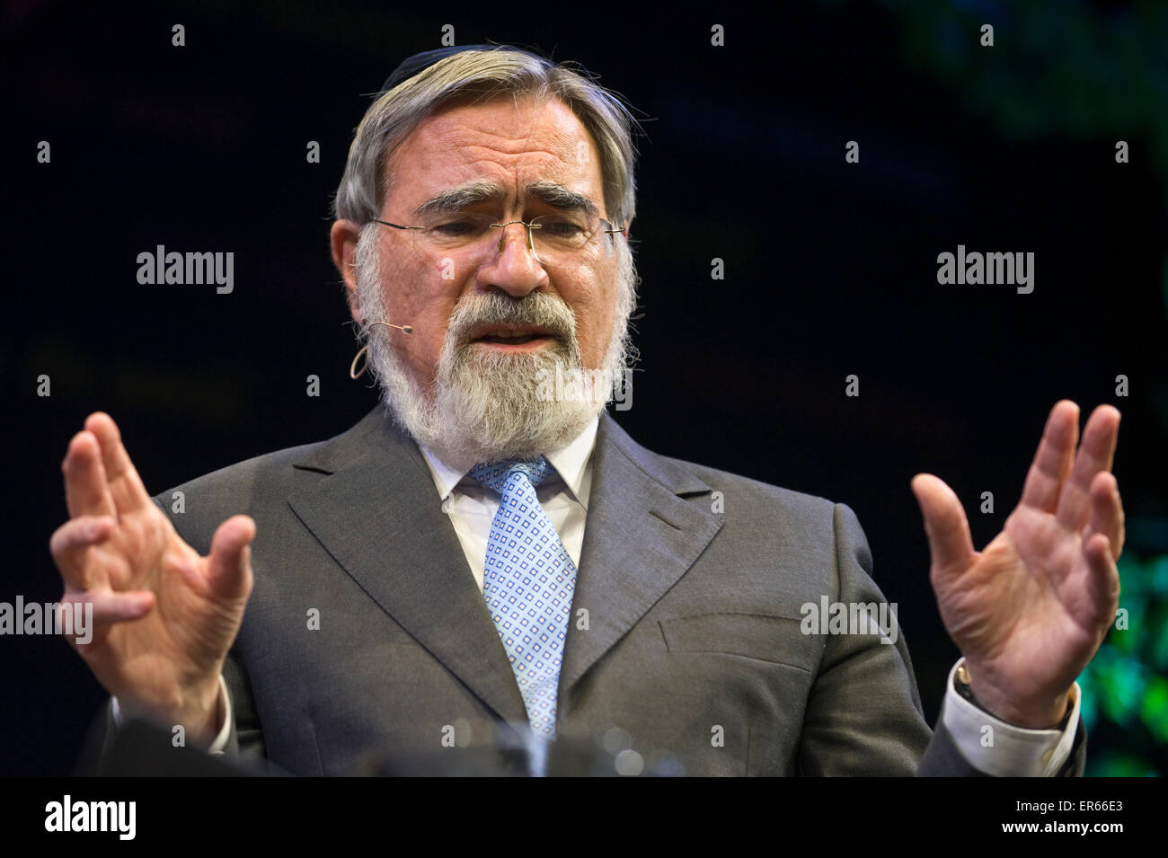 Rabbi Jonathan Sacks speaking on stage at Hay Festival 2015 Stock Photo ...