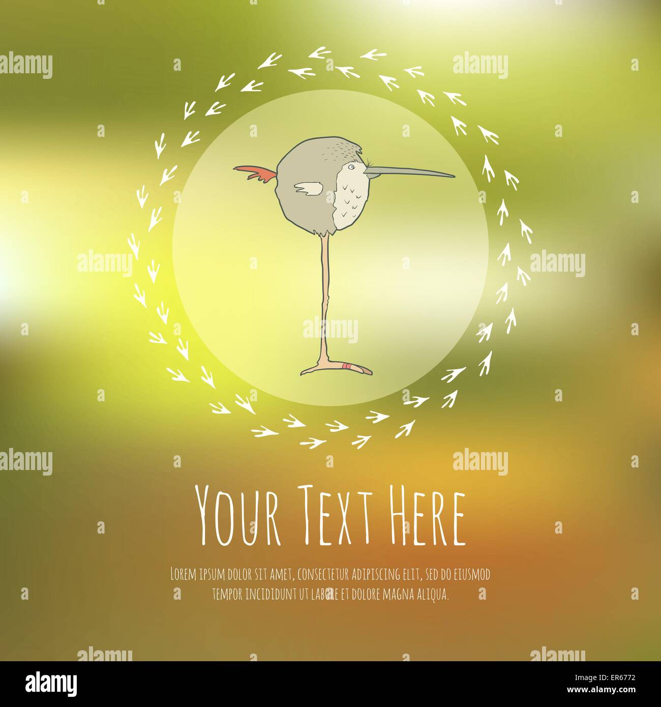 Hand drawn vector cartoon bird on blurred background. Greeteng or ...