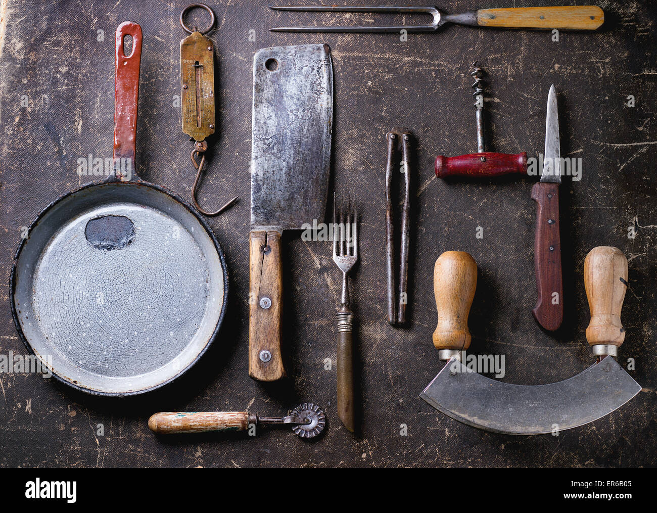 Set of vintage cookware over dark background. Top view Stock Photo - Alamy