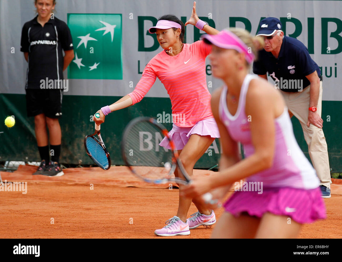 Paris. 28th May, 2015. Wang Yafan (2nd L) of China and Yanina Wickmayer ...