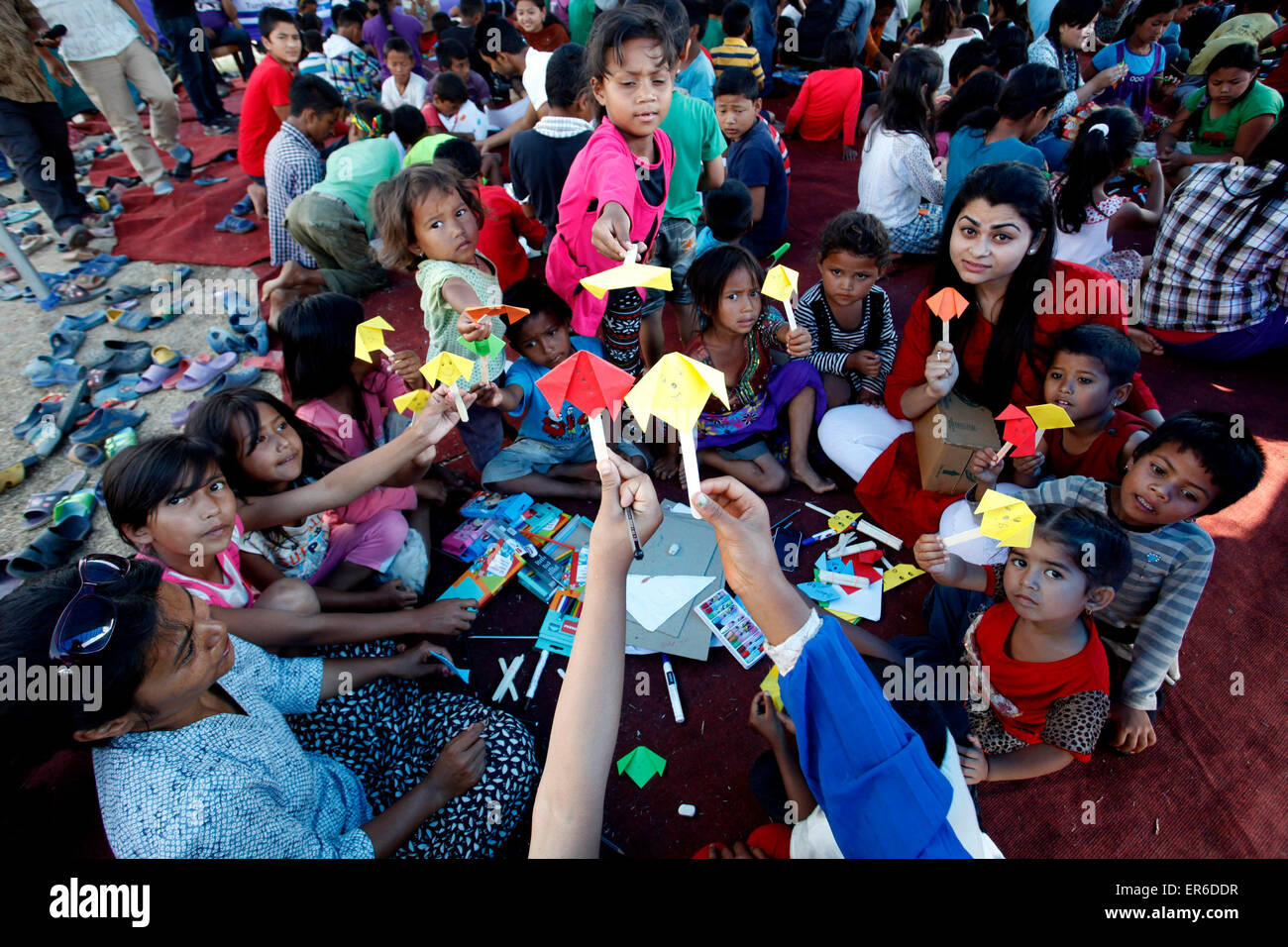 Kathmandu, Nepal. 28th May, 2015. Children show their handicrafts at a ...