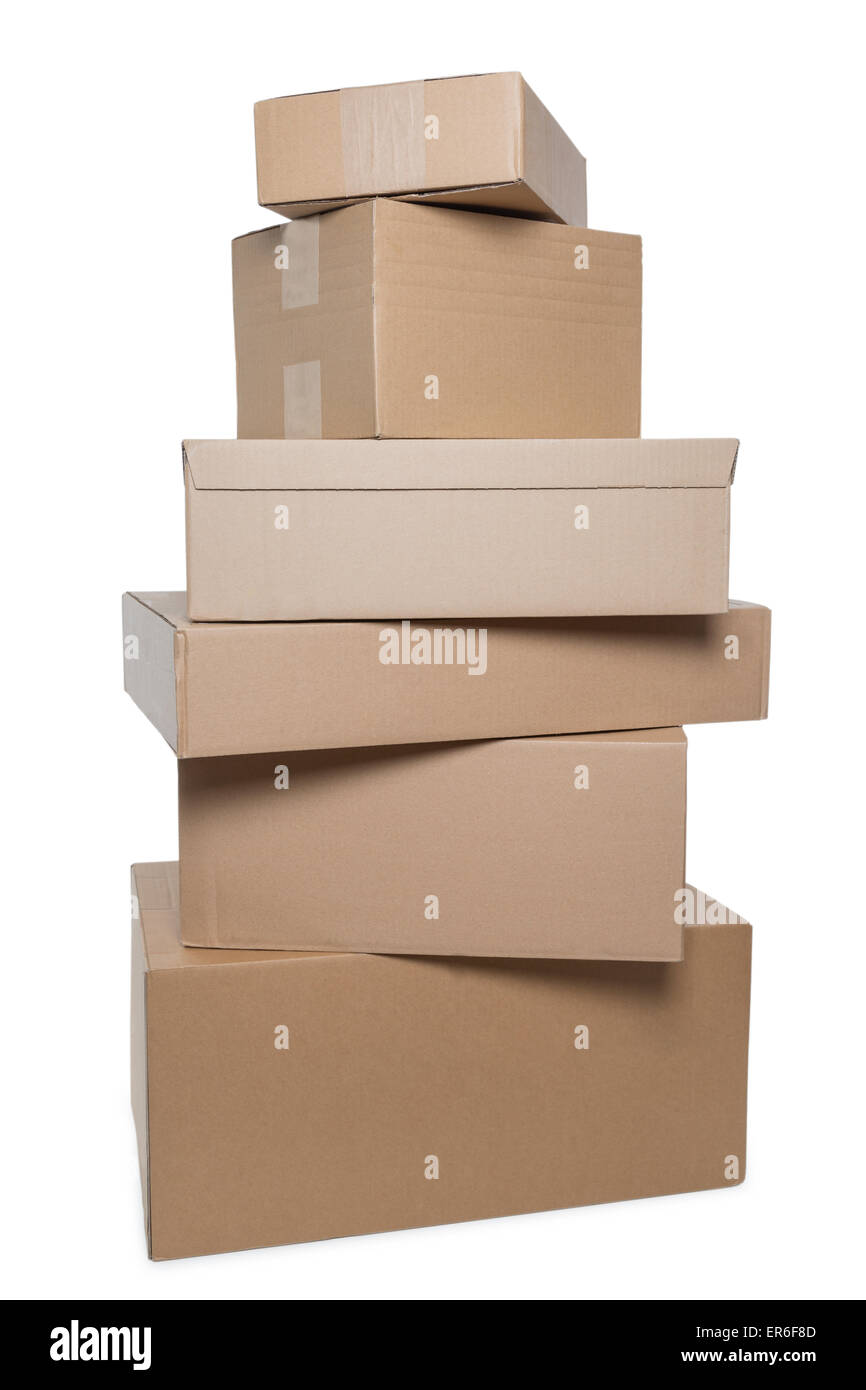 Stack of six parcels in different sizes isolated on white background ...