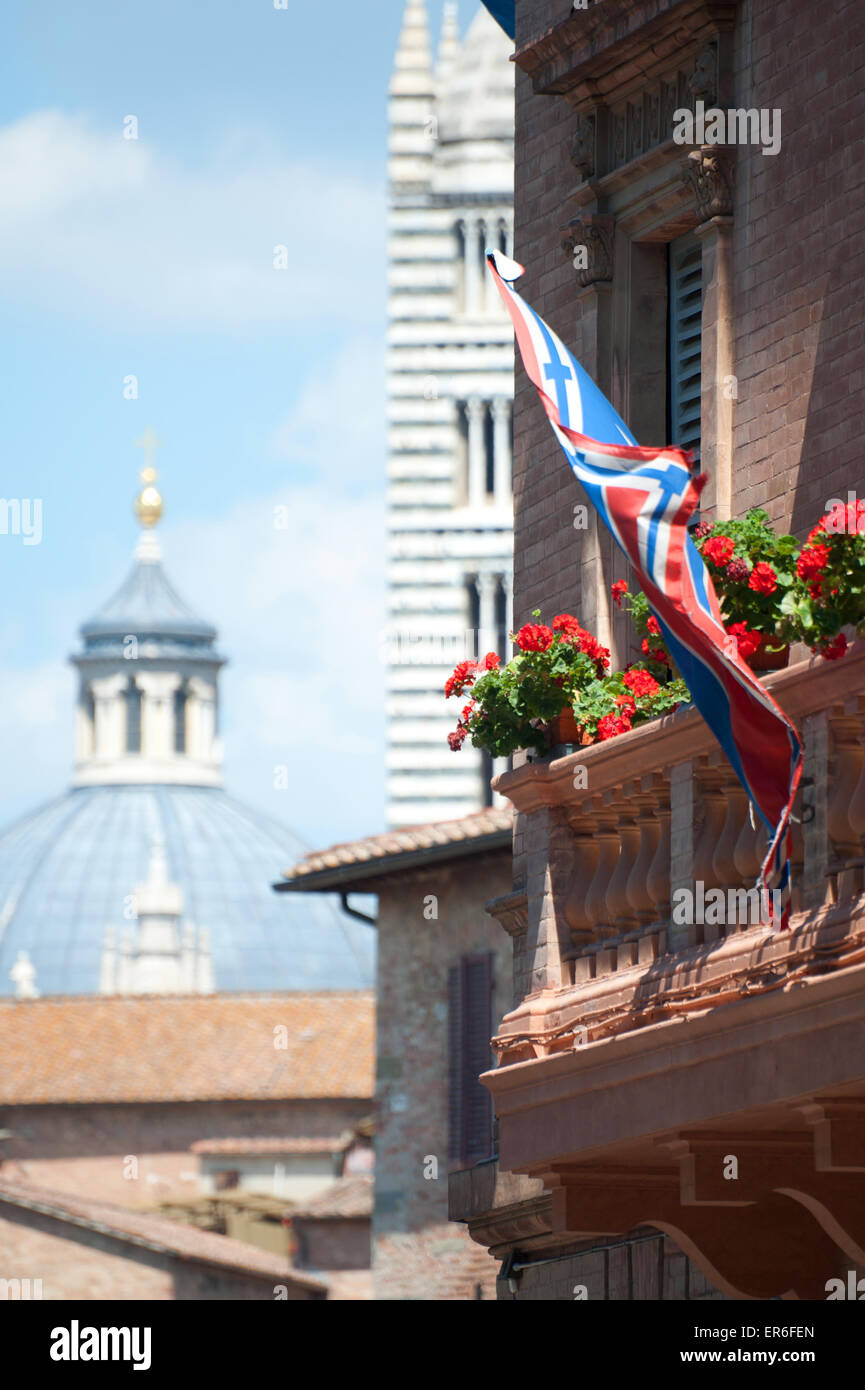 view of the dome and campanile with flag of Contrada della Pantera ...