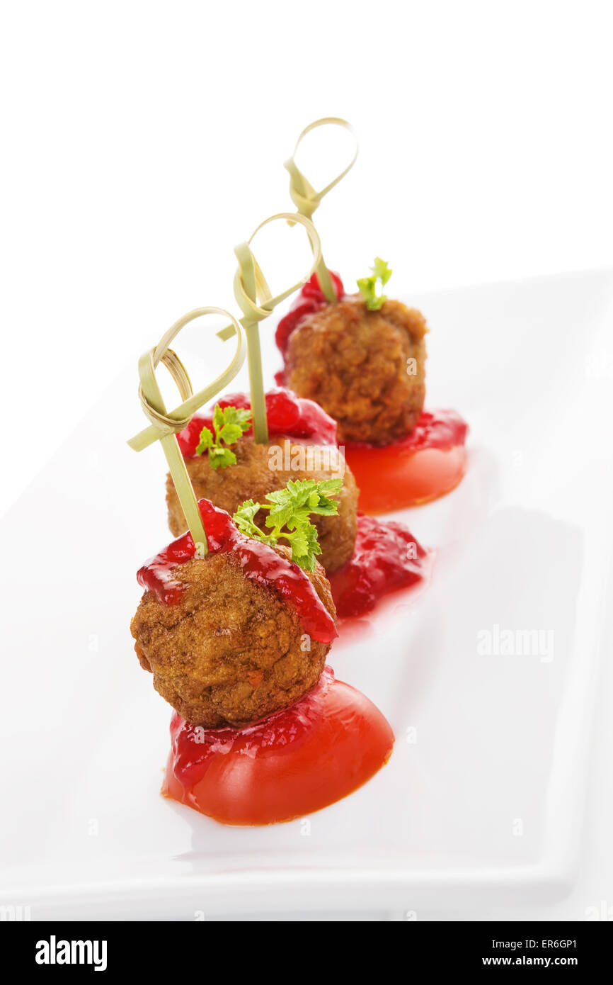 Delicious meatballs canape isolated on white background. Fresh modern ...