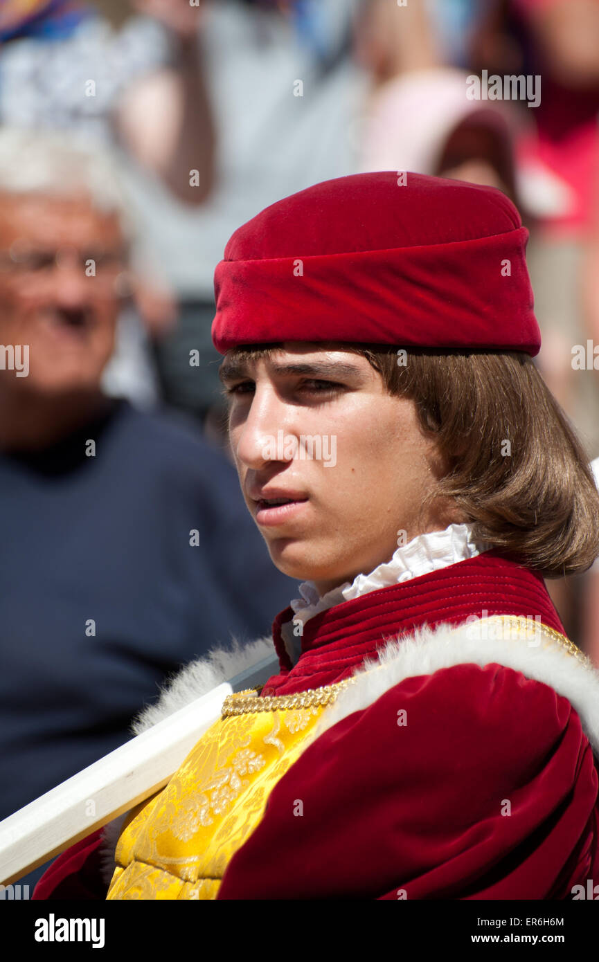 boy in colours of Contrada di Valdimontone at Corteo Storico before the ...