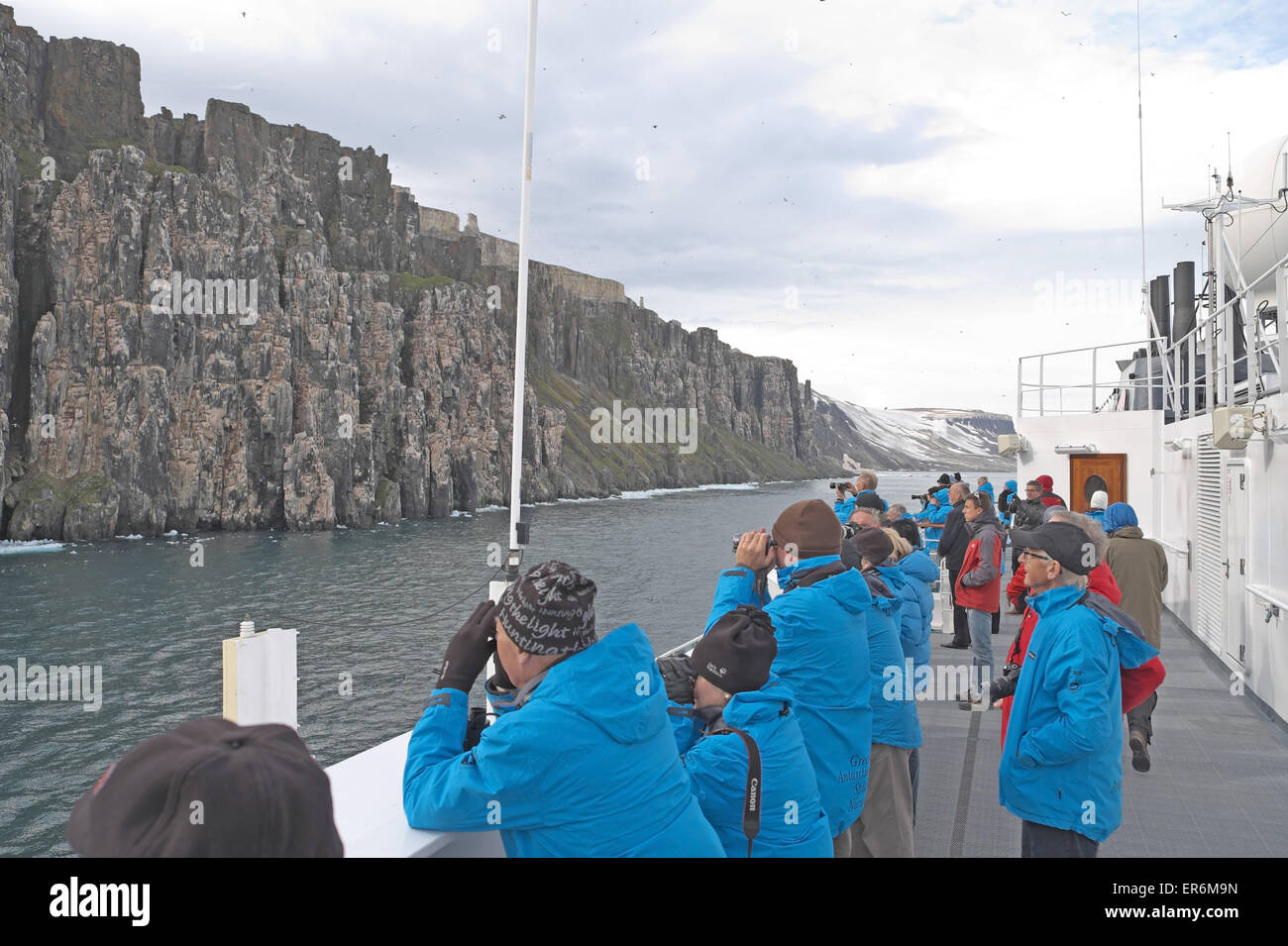 Basalt cliffs of Alkefjellet, south of Kapp Fanshaw (in distance), from ...